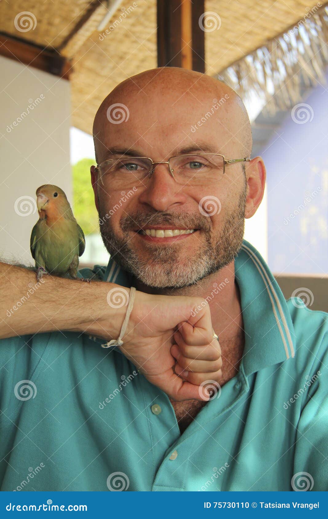 Hombre Calvo Sonriente Con Una Barba Con Un Loro Foto de archivo ...