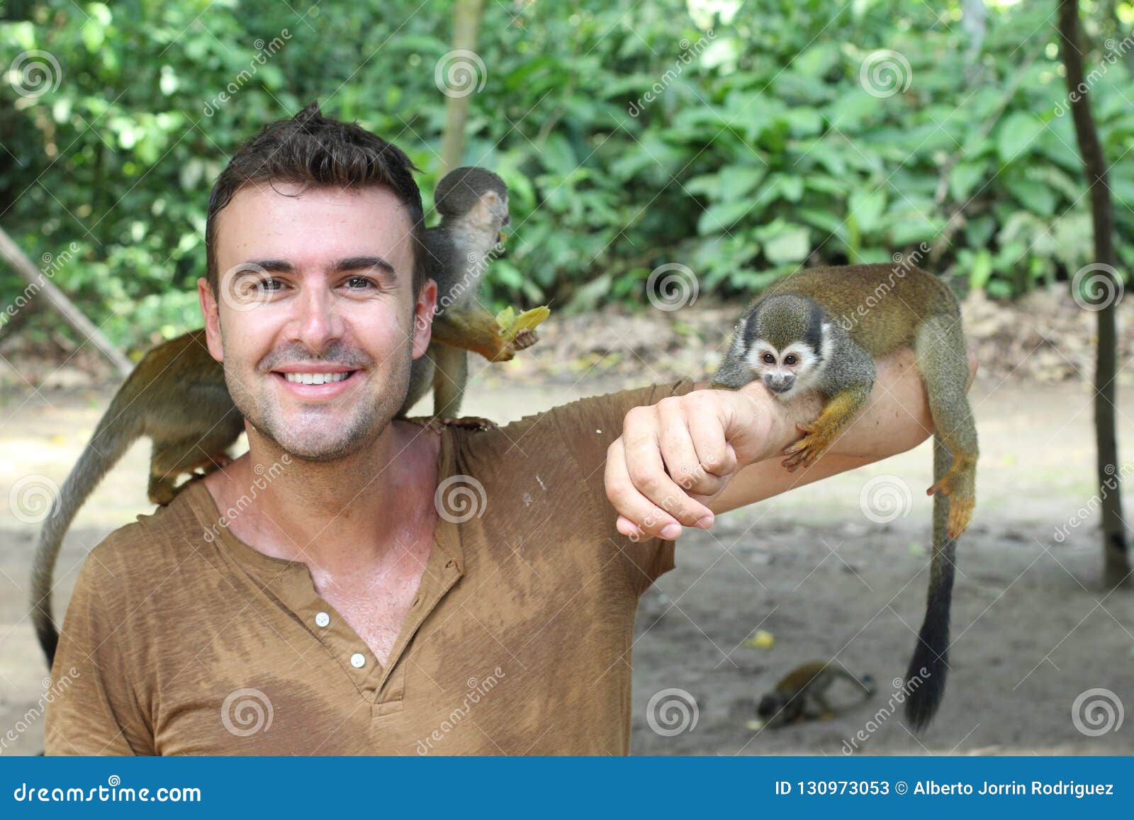 Hombre Que Establece En Contacto Con Monos Imagen de archivo - Imagen ...