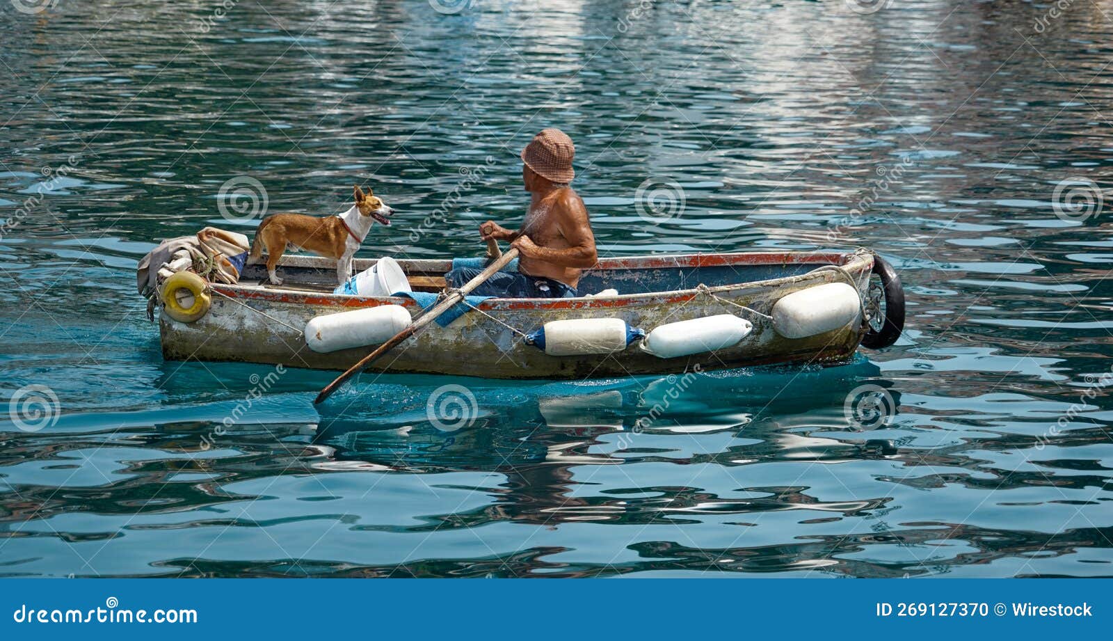 Hombre Remando Un Bote Con Un Perro Dentro Foto de archivo - Imagen de ...