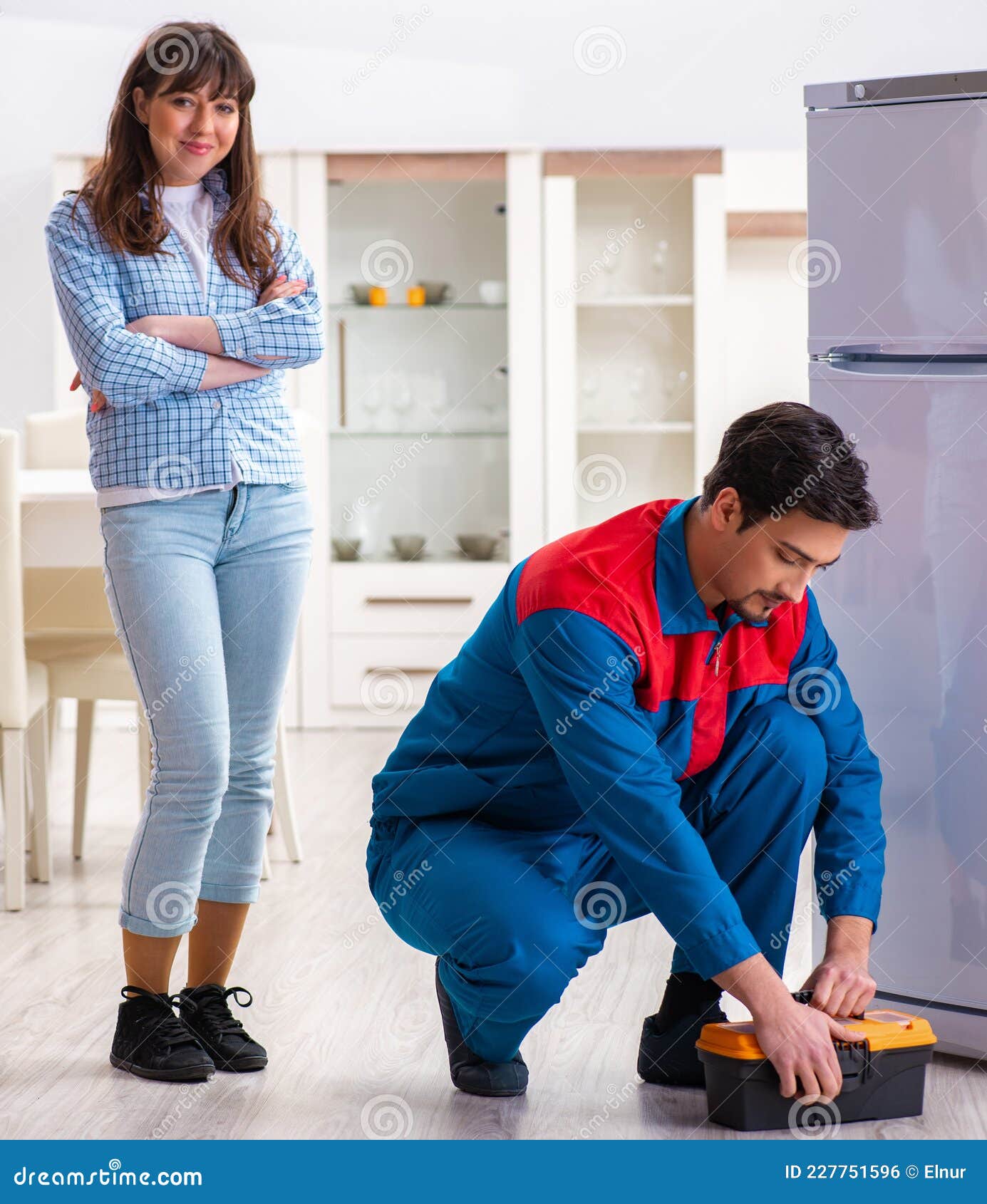 Hombre Reparando Refrigerador Con Cliente Foto de archivo - Imagen de ...