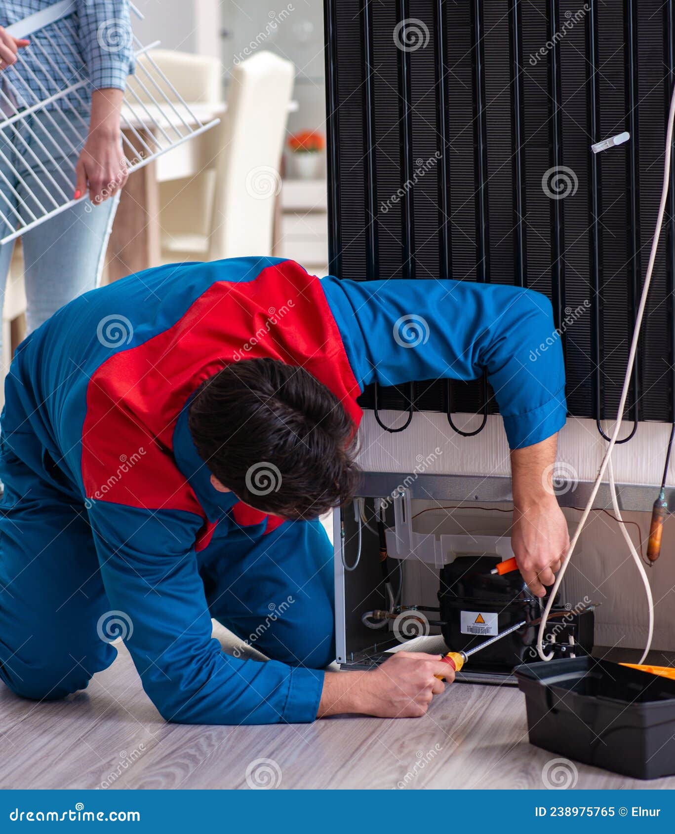 Hombre Reparando Refrigerador Con Cliente Imagen de archivo - Imagen de ...