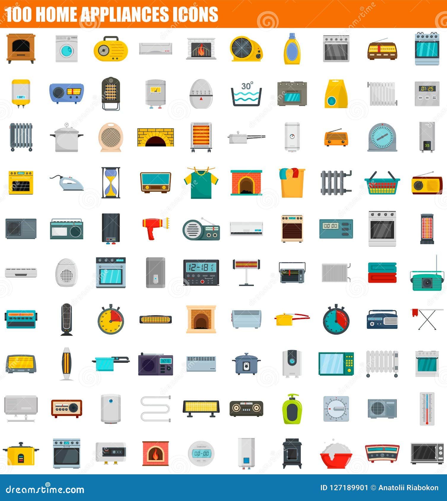100 Home Appliances Icon Set, Flat Style Stock Illustration ...