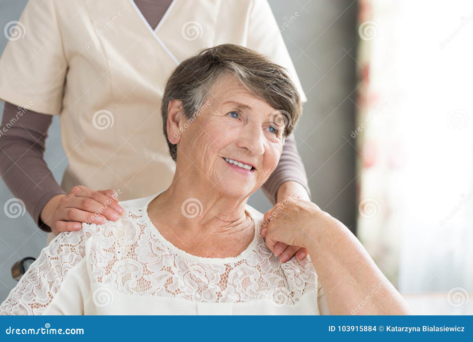 Assistant Supporting Smiling Old Lady Stock Photo - Image of alzheimer ...