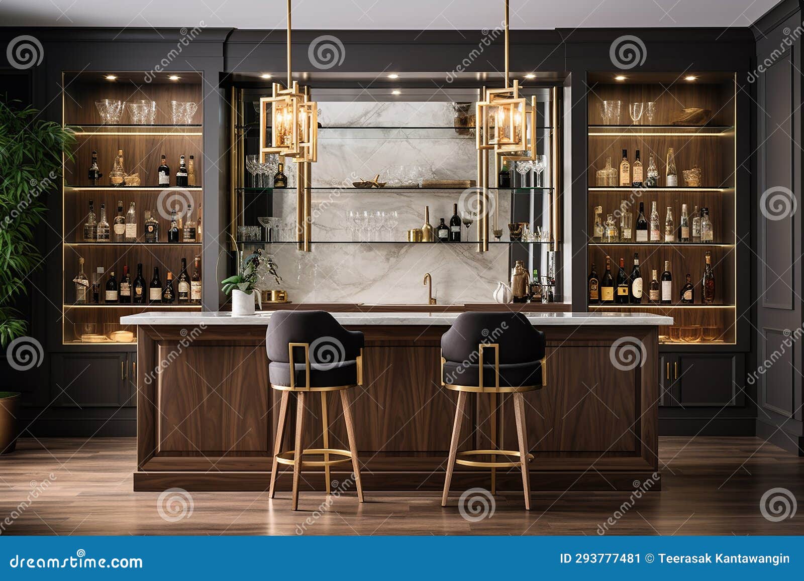 A Home Bar with Open Shelving, Bar Stools, and Elegant Glassware for ...