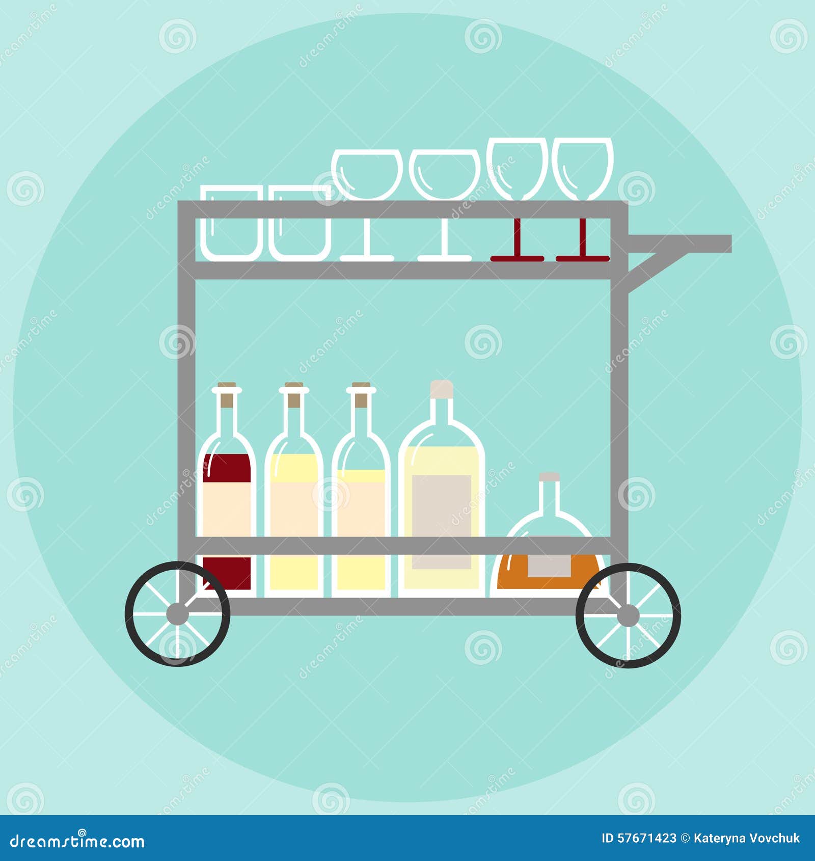 Home Bar on Wheels in Retro Style with Stemware and Bottles of Alcohol ...