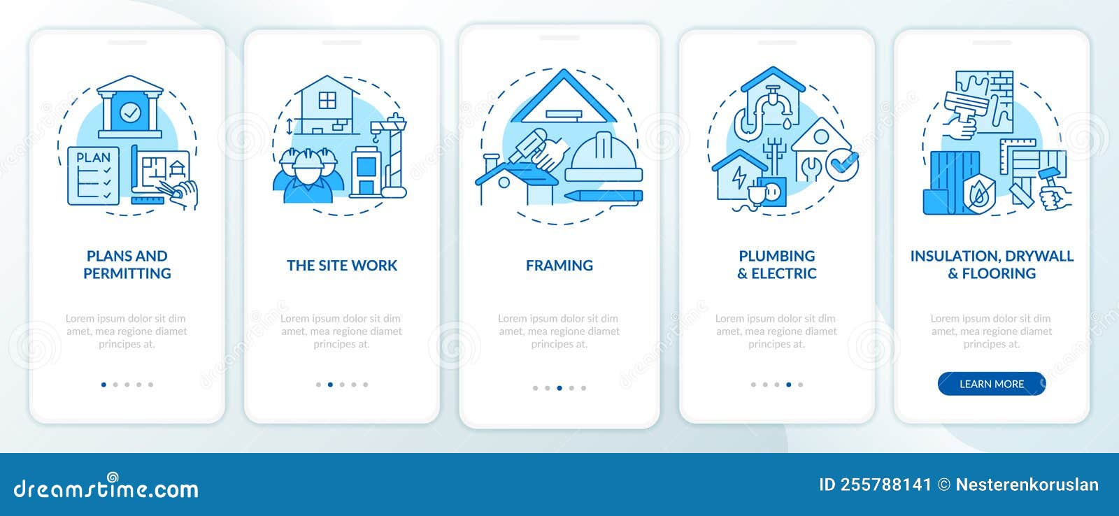 Home Building Phases Blue Onboarding Mobile App Screen Stock Vector ...