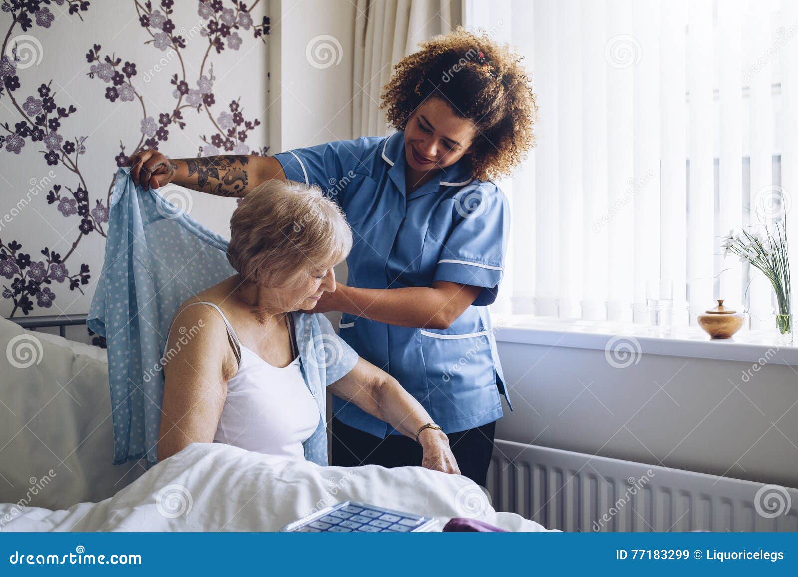 Home Caregiver Dressing Senior Stock Image Image Of Elderly Race
