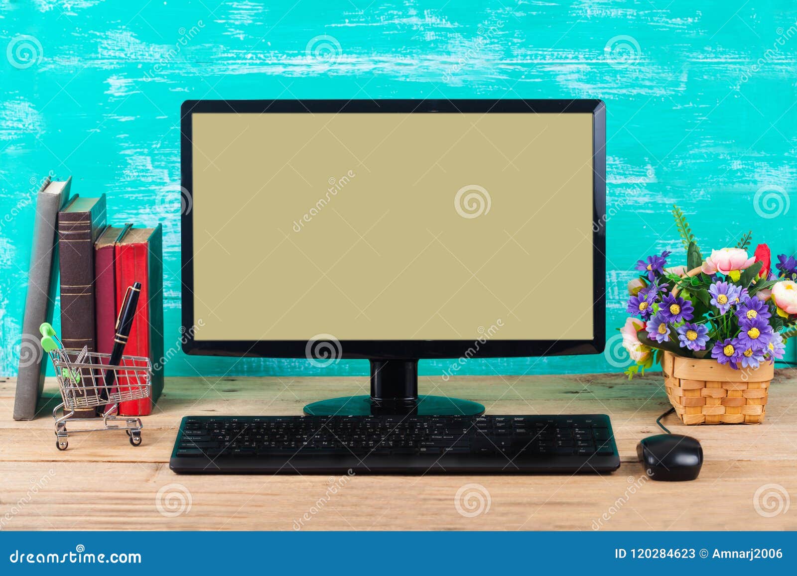 Home Computer on Desk with Props Stock Image - Image of screen, home ...