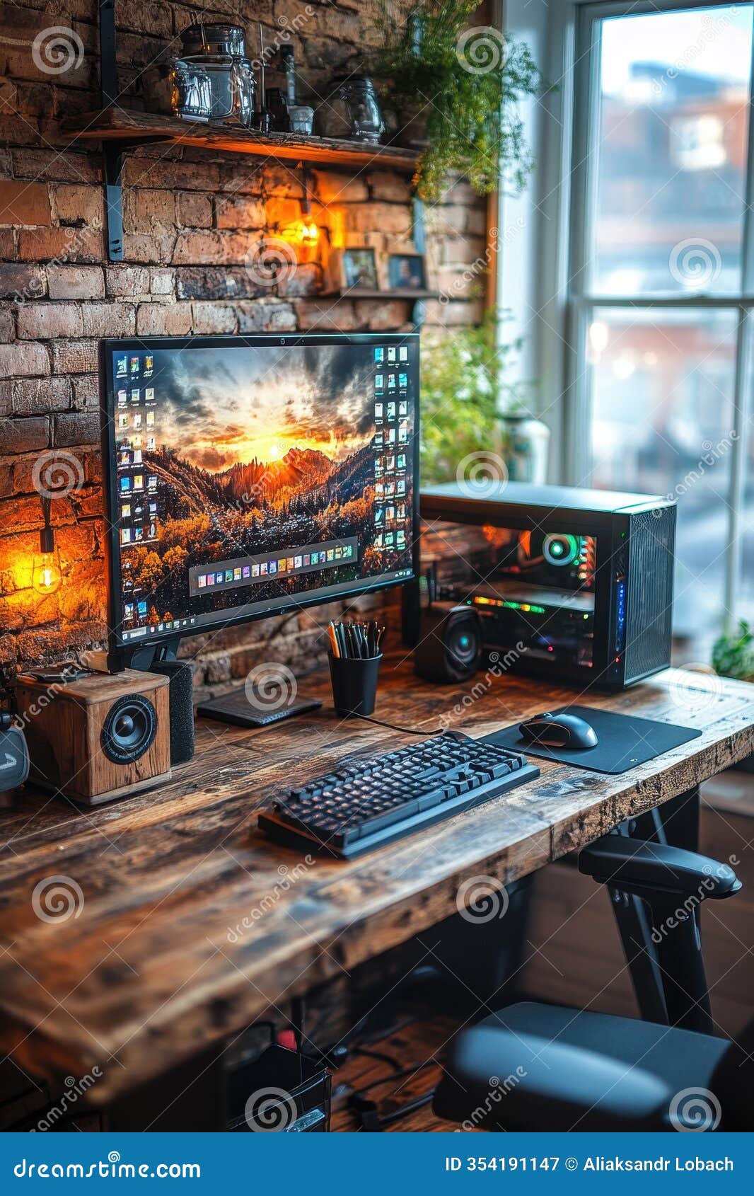 The Home Computer is on the Table in the Home Interior. a Gaming ...