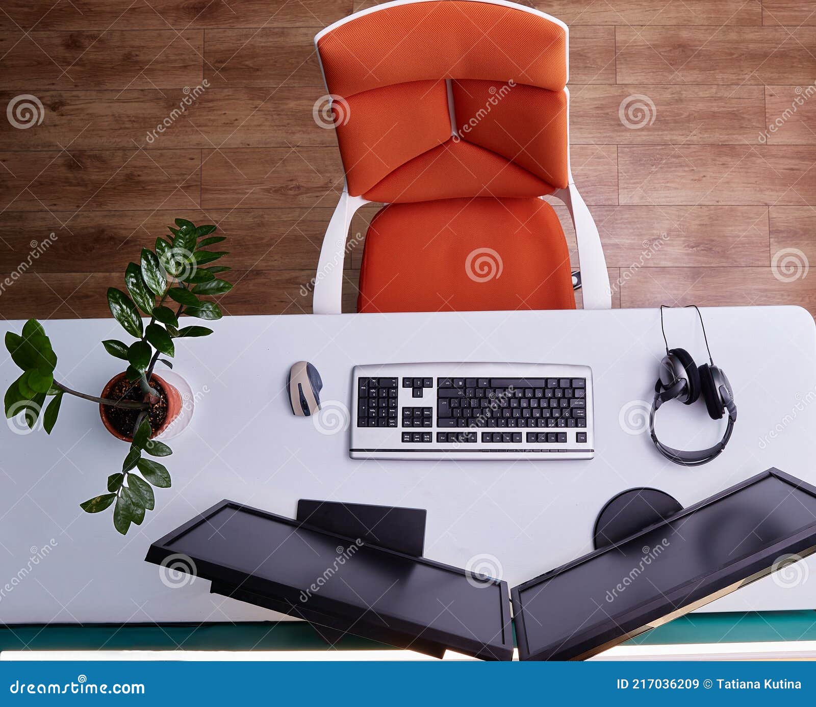 Home Computer Workstation Top View. a Wheeled Chair, a Large White Desk ...