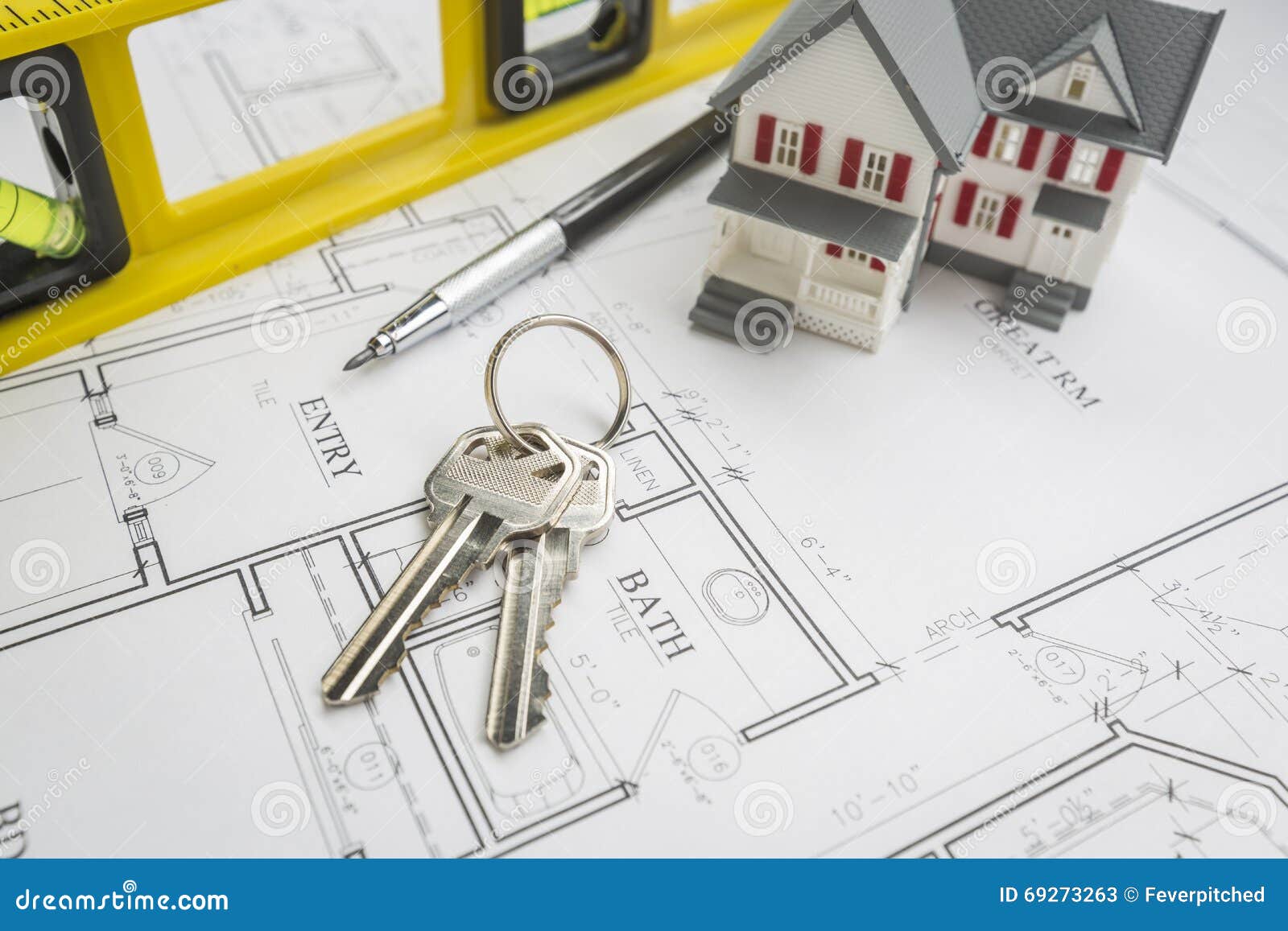 Home, Construction Level, Pencil and Keys Resting on House Plans Stock ...