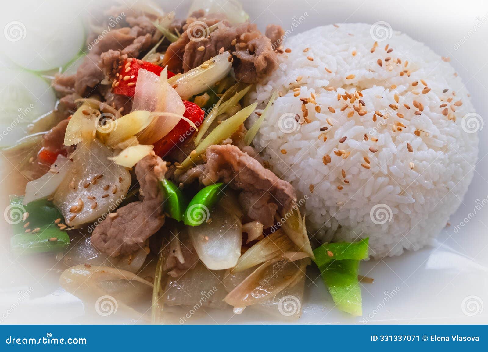 Home Cooked Healthy Balanced Diet. Beef Stir Fried and Rice on a Plate ...