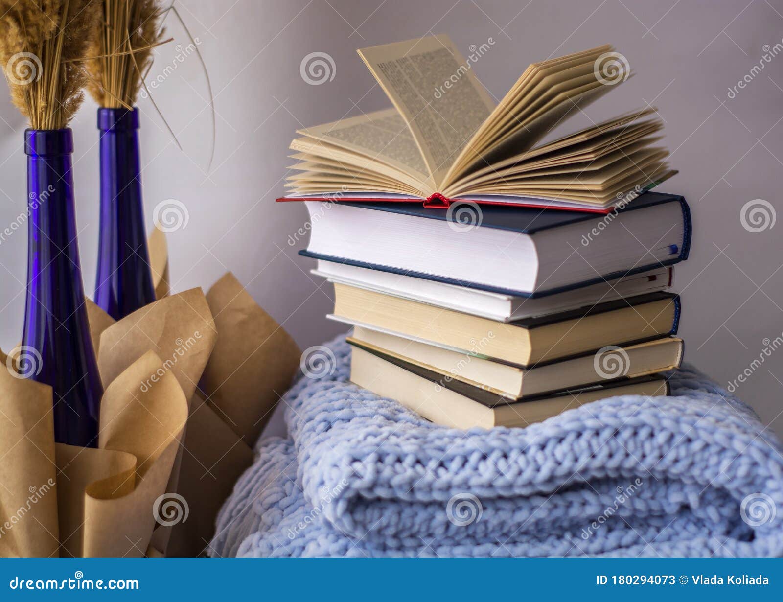 Home Cozy Place Work and Study. Stack of Books on Blue Knitted Plaid ...