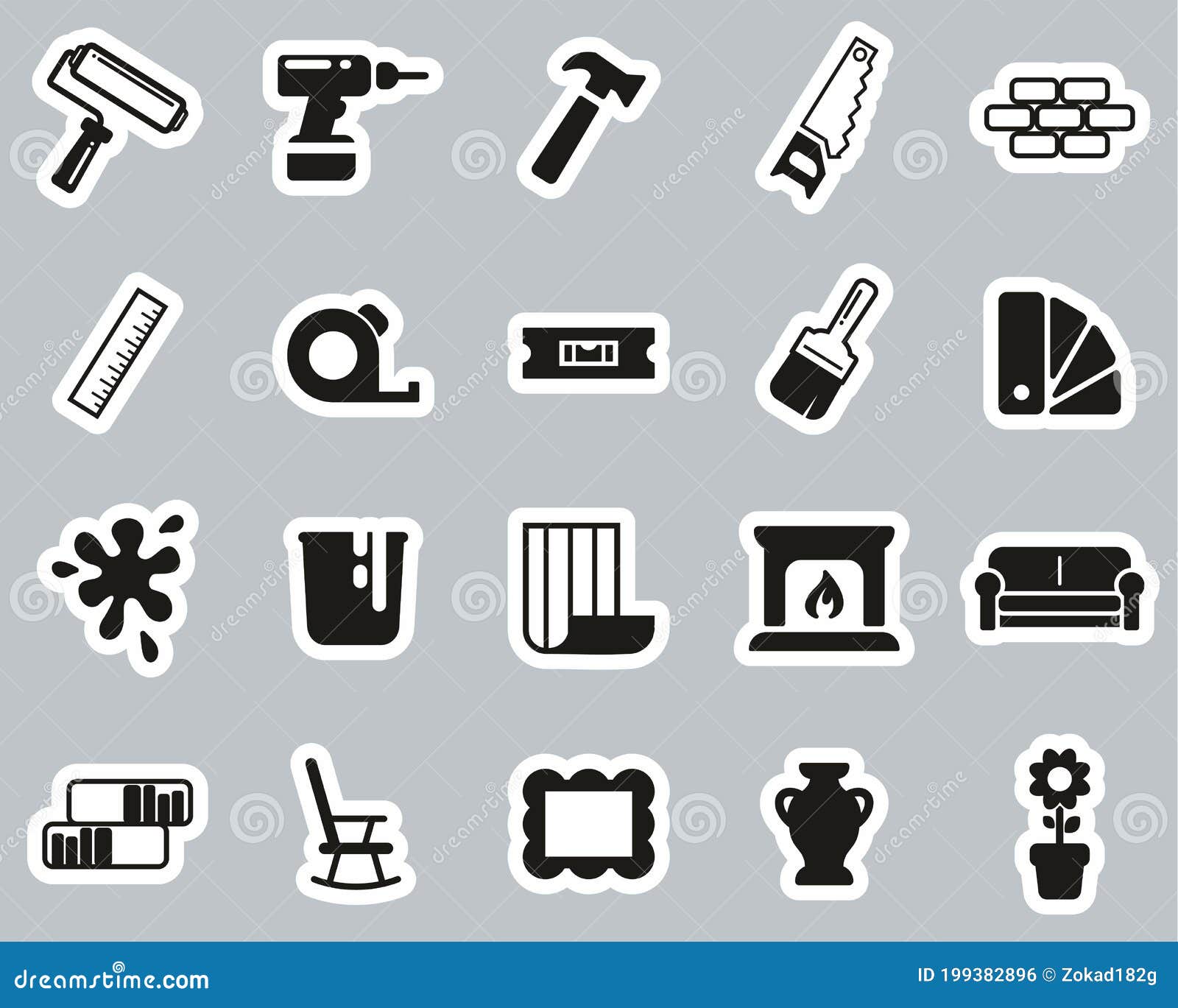 Home Decorating & Home Remodeling Icons Black & White Sticker Set Big ...