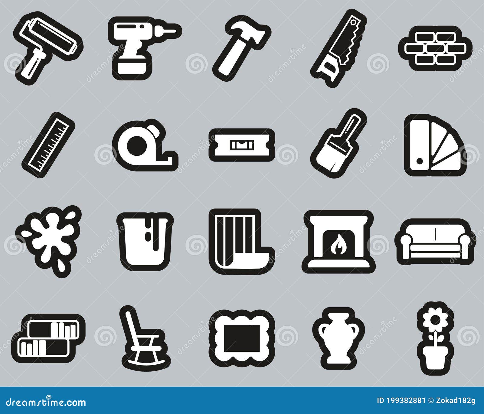 Home Decorating & Home Remodeling Icons White on Black Sticker Set Big ...