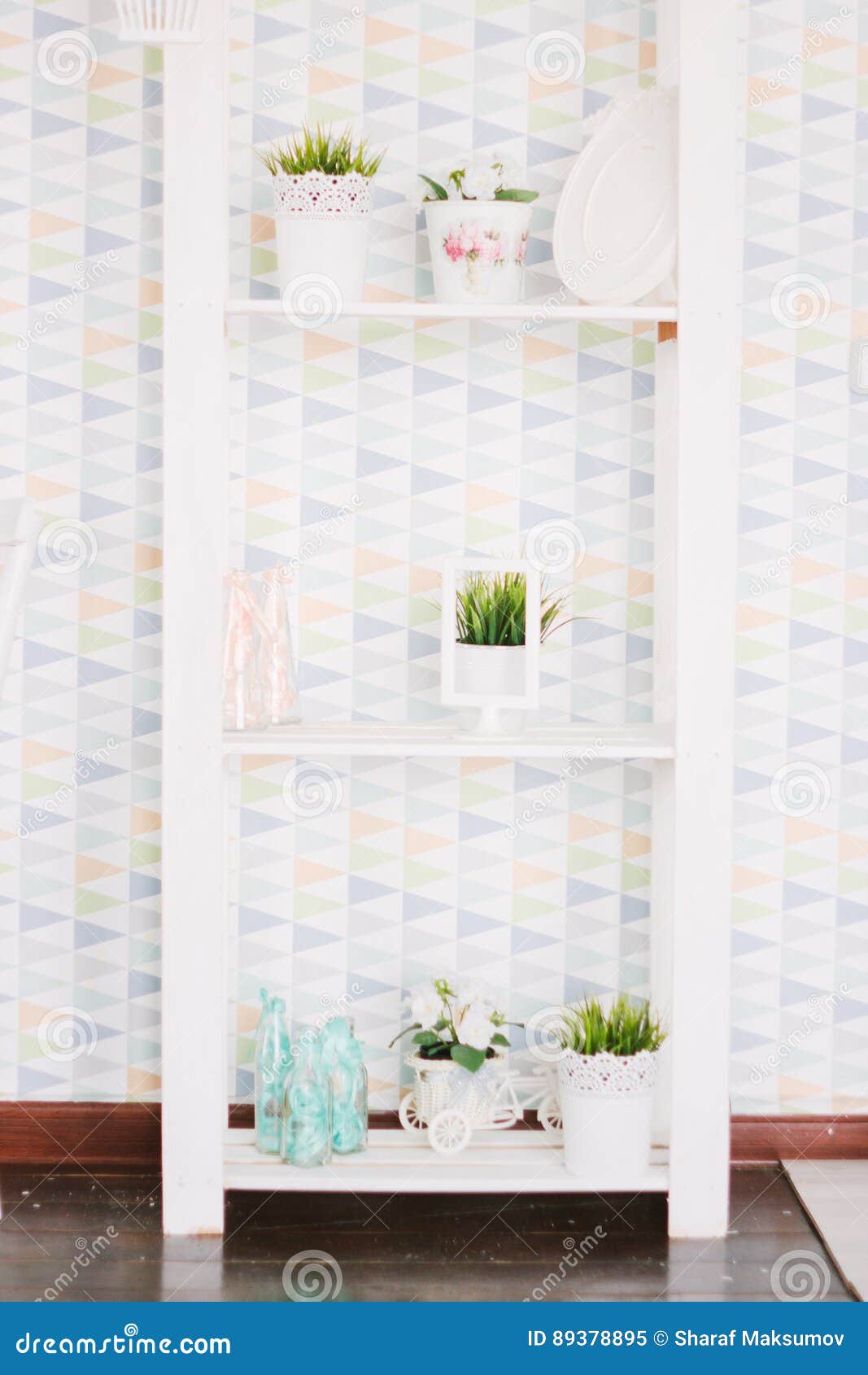 Home Decoration Interior - White Wooden Rack with Plants on it. Stock ...
