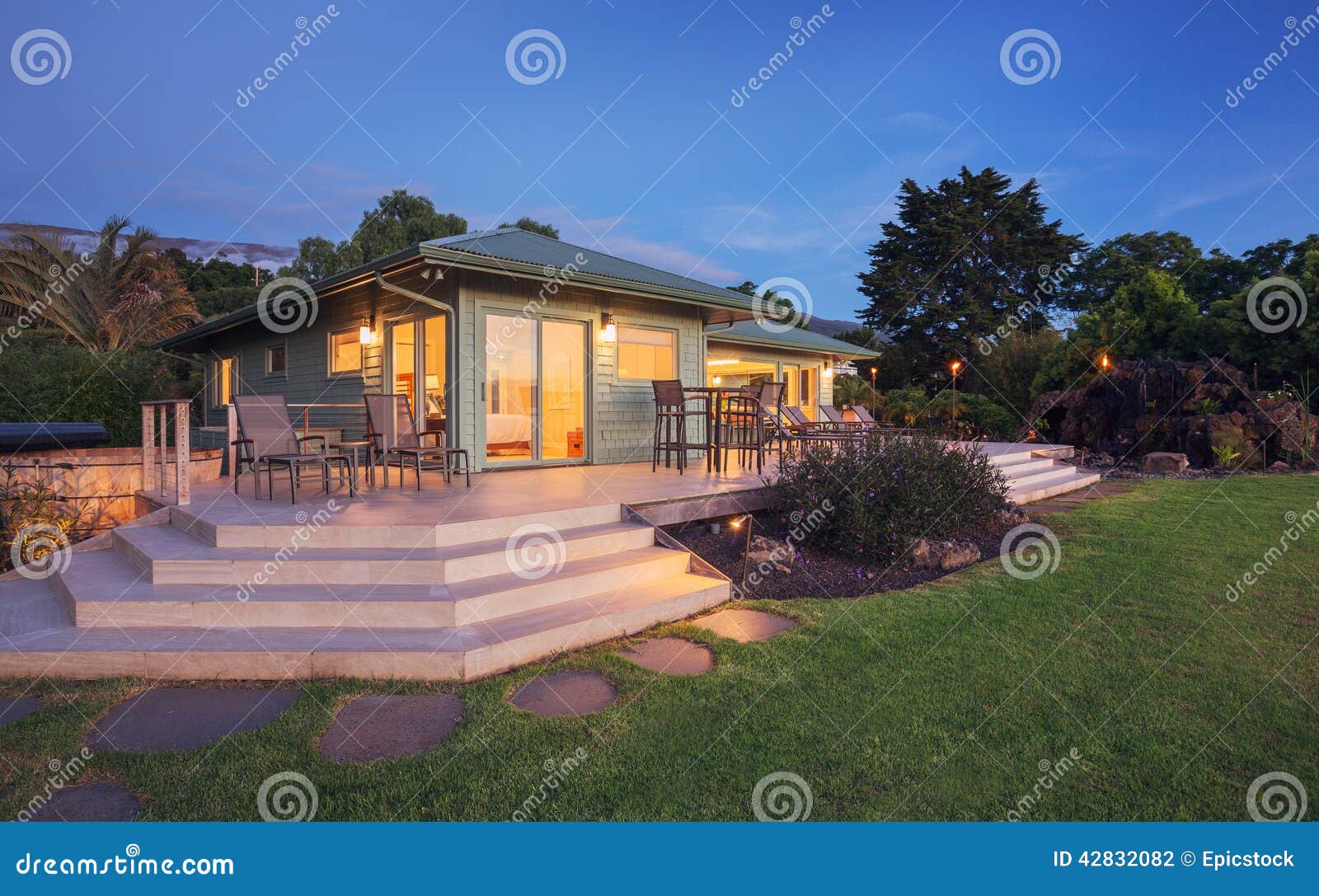 Home at Dusk Outside Blue Sky Stock Photo - Image of contemporary ...
