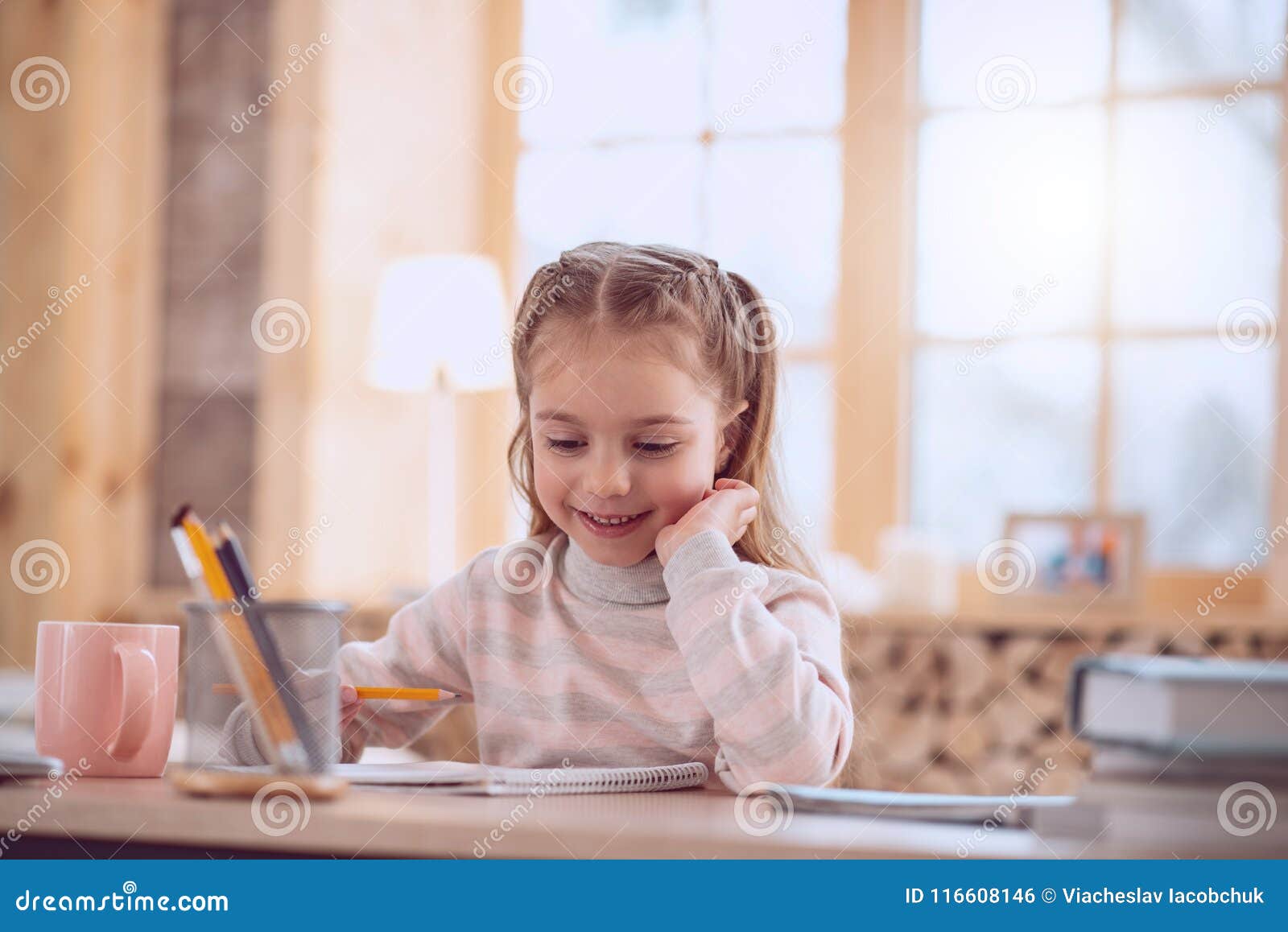 Cute Smart Girl Studying at Home Stock Photo - Image of comfort ...