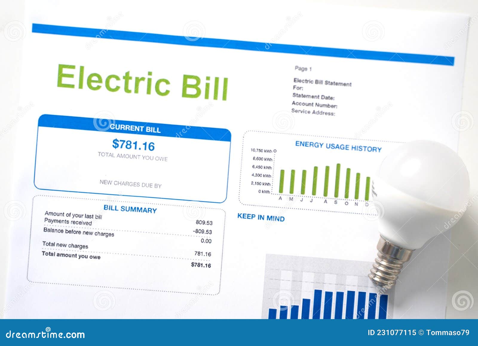 Home Electricity Expenses and Bill Statement Document Stock Image ...