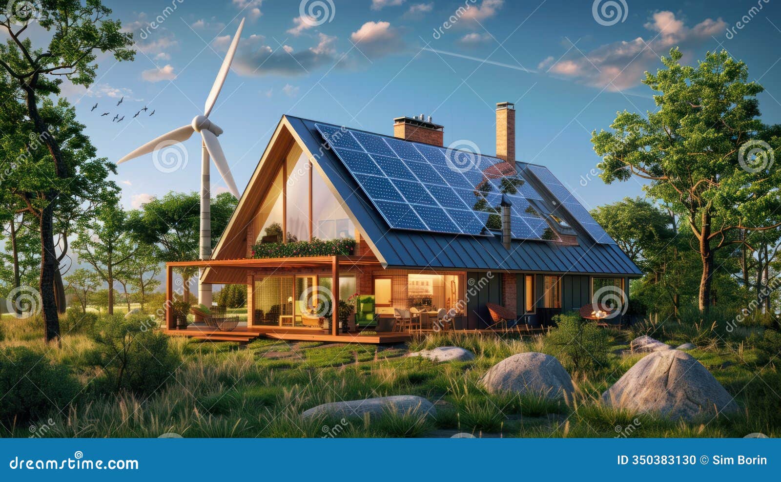 A Home Equipped with Both Solar Panels and a Wind Turbine Stock ...