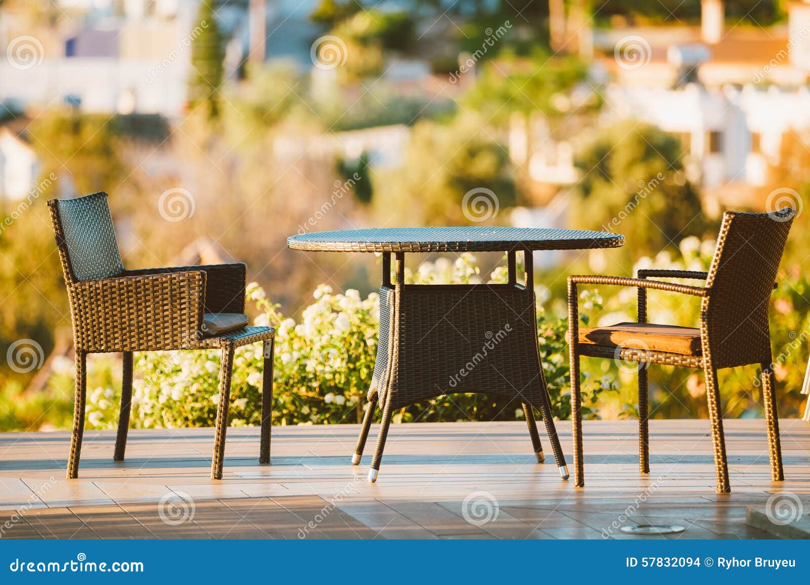 Home Exterior with Table and Chairs in Wooden Stock Photo - Image of ...