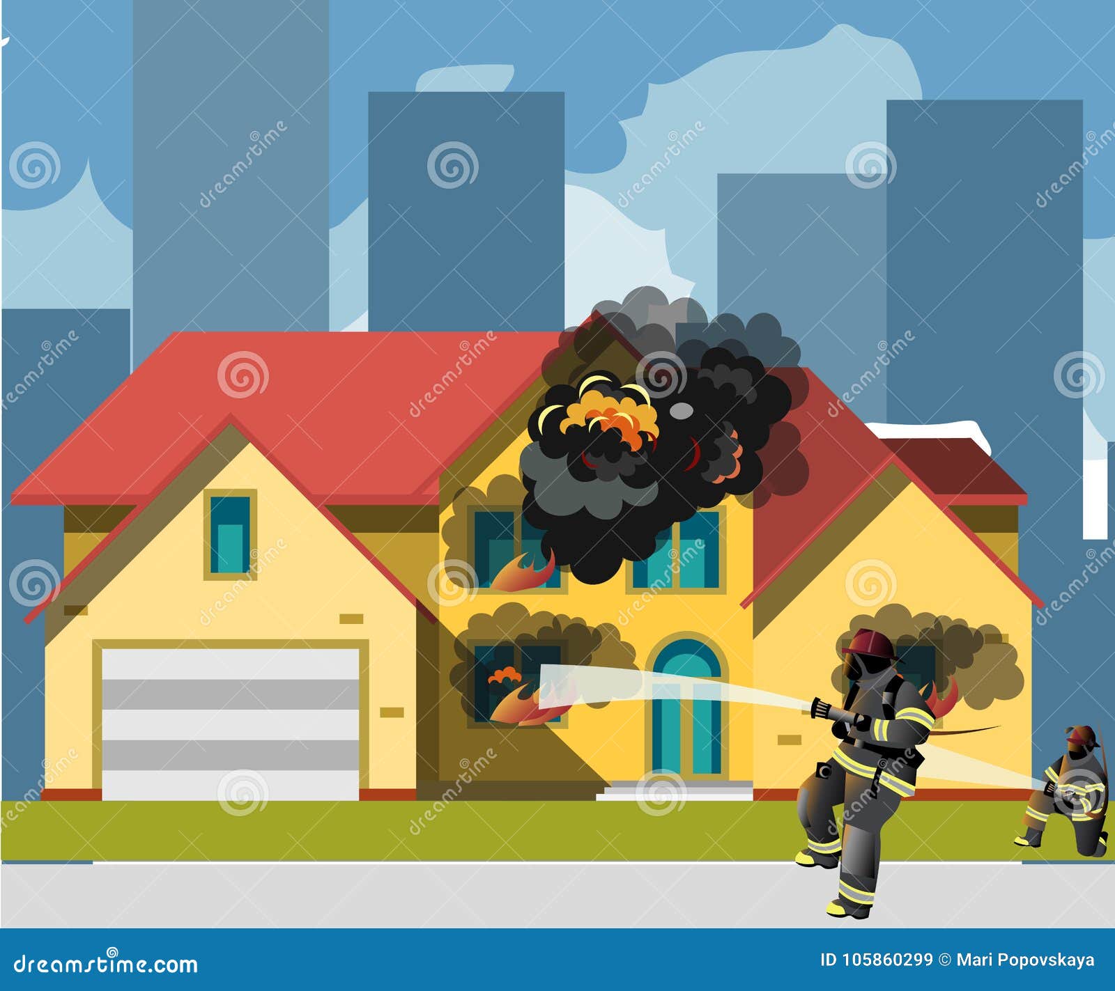 Home on fire with fireman stock vector. Illustration of fire - 105860299