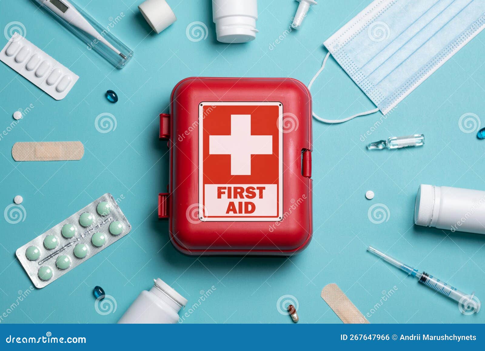 Home First Aid Kit on a Blue Background. the Elements of the First Aid ...