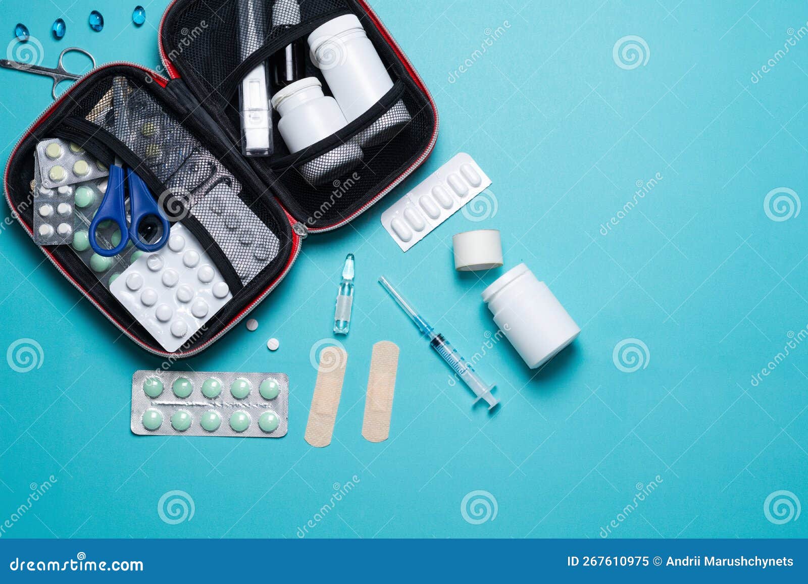 Home First Aid Kit on a Blue Background. the Elements of the First Aid ...