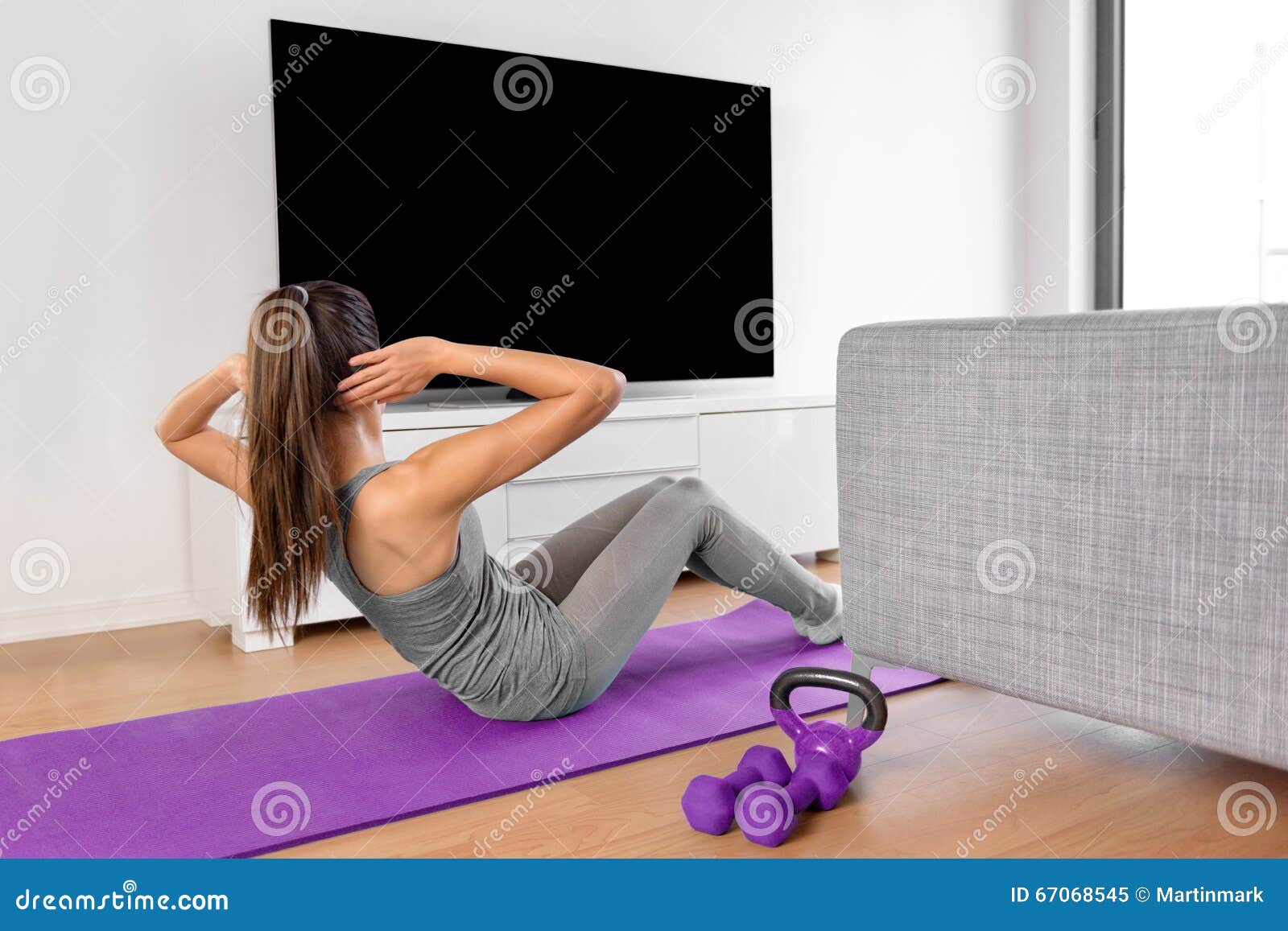 Home Fitness Woman Watching Workout Videos On Tv Stock Image Image Of