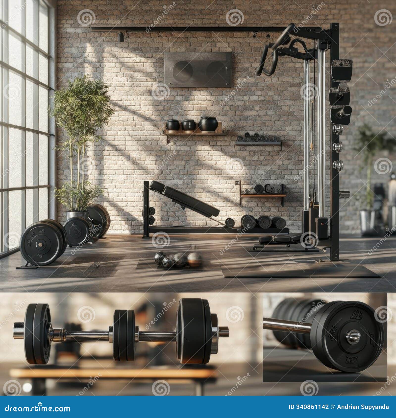 Home Gym Setup with Weight Bench, Cable Machine, and Dumbbells Stock ...