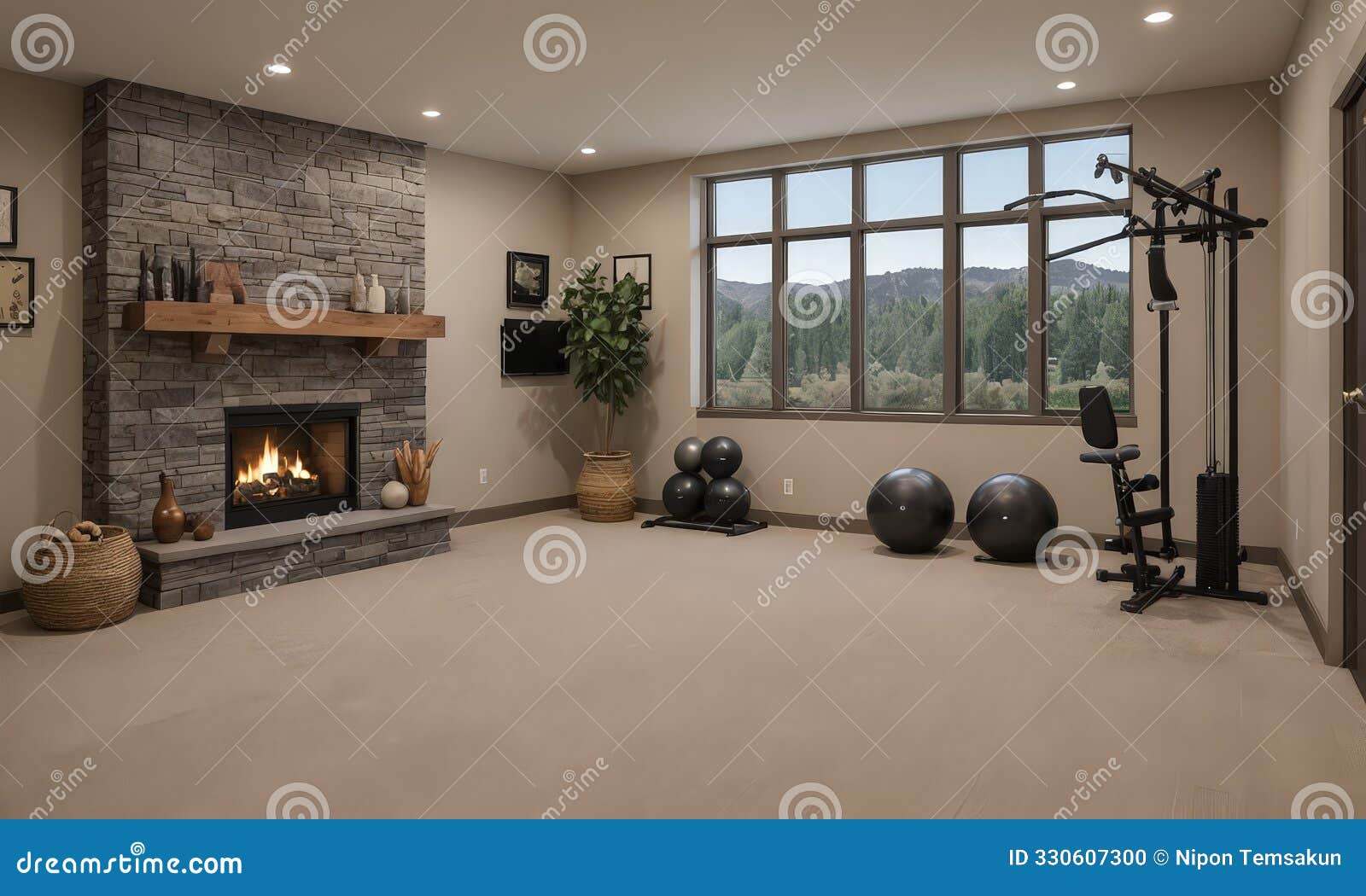 Home Gym with Stone Fireplace and Stone Wall Stock Photo - Image of ...