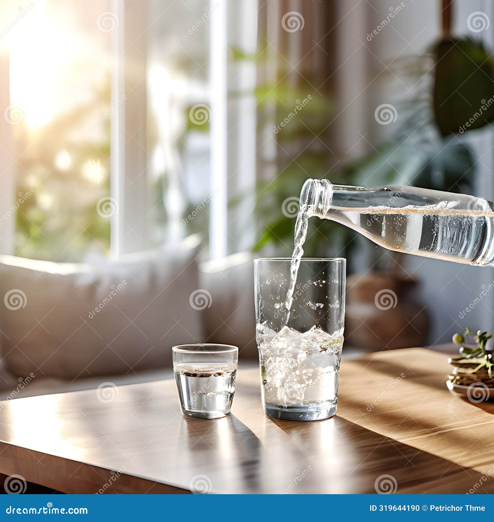 Home Hydration: Fresh Drink Water Flowing from a Bottle Stock Photo ...