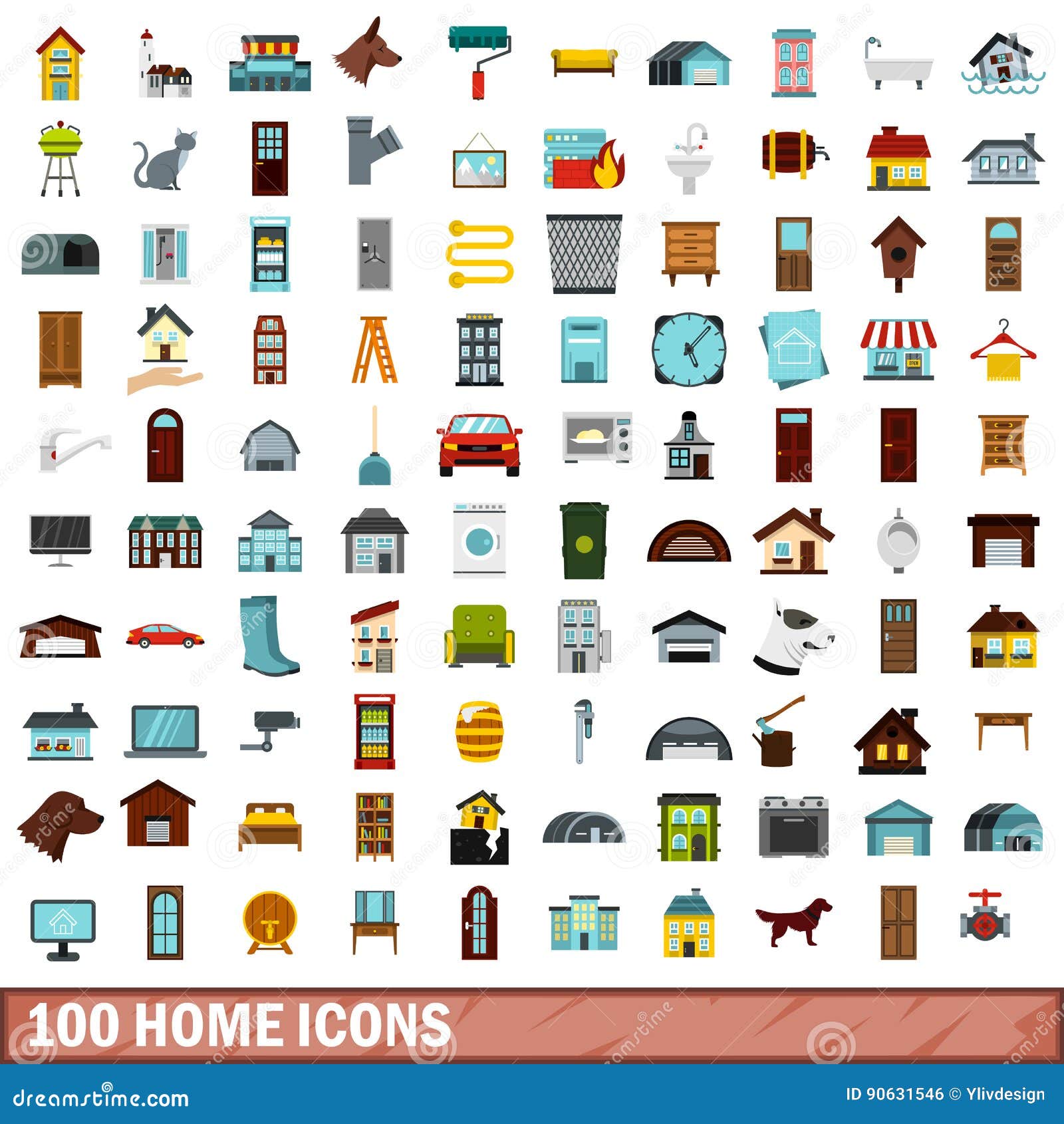 100 Home Icons Set, Flat Style Stock Vector - Illustration of bath ...