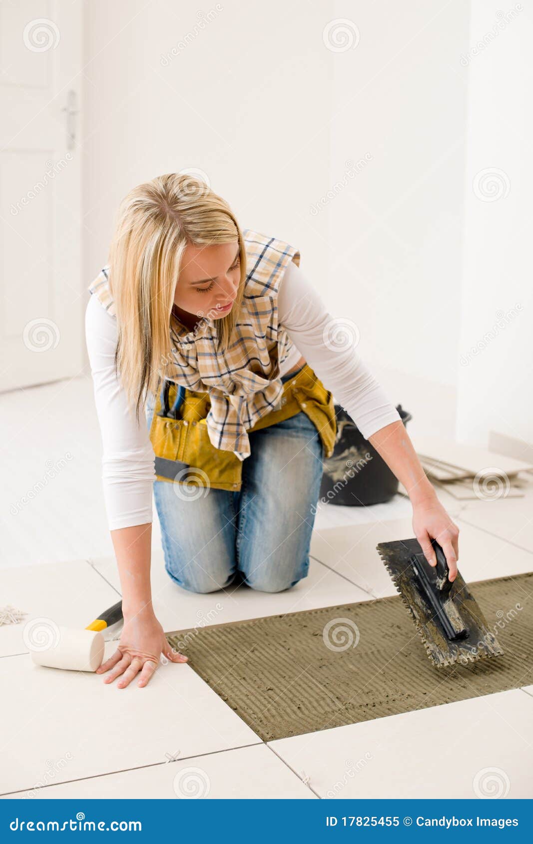 Home Improvement, Renovation - Woman Laying Tile Stock Image - Image of ...