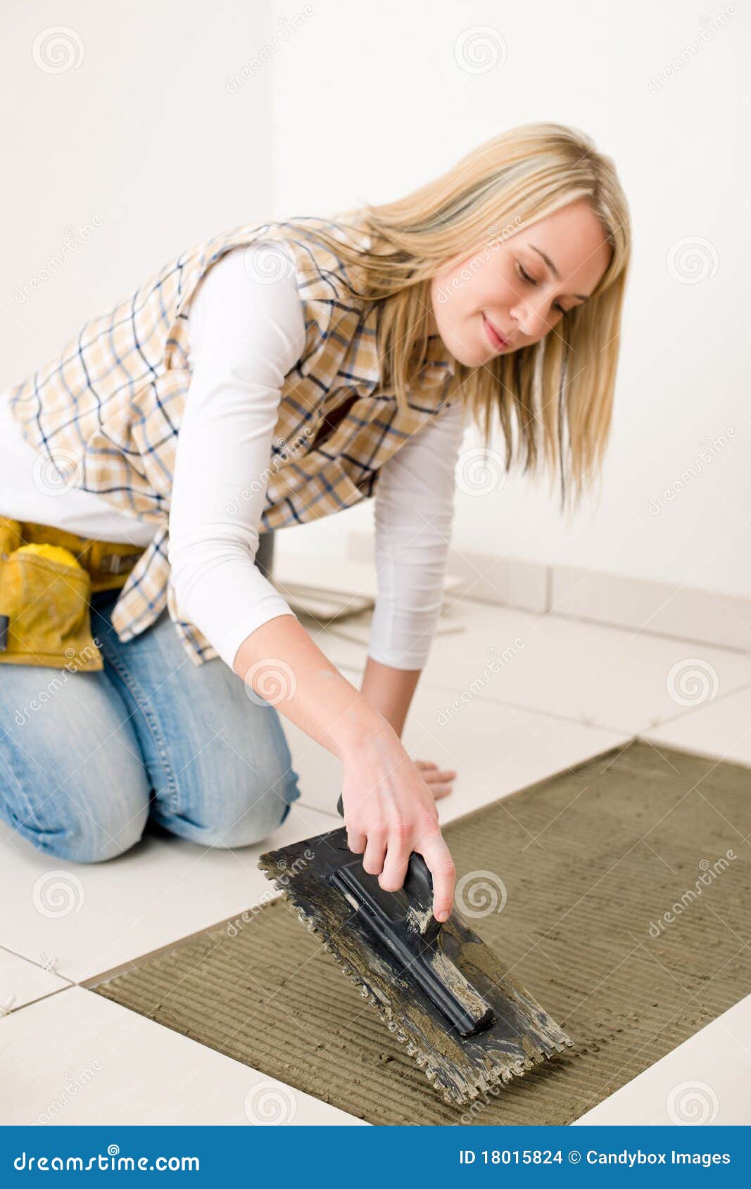 Home Improvement, Renovation - Woman Laying Tile Stock Photo - Image of ...