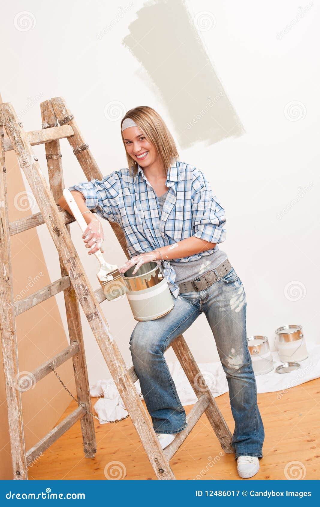 Home Improvement: Smiling Woman with Paint Stock Image - Image of house ...