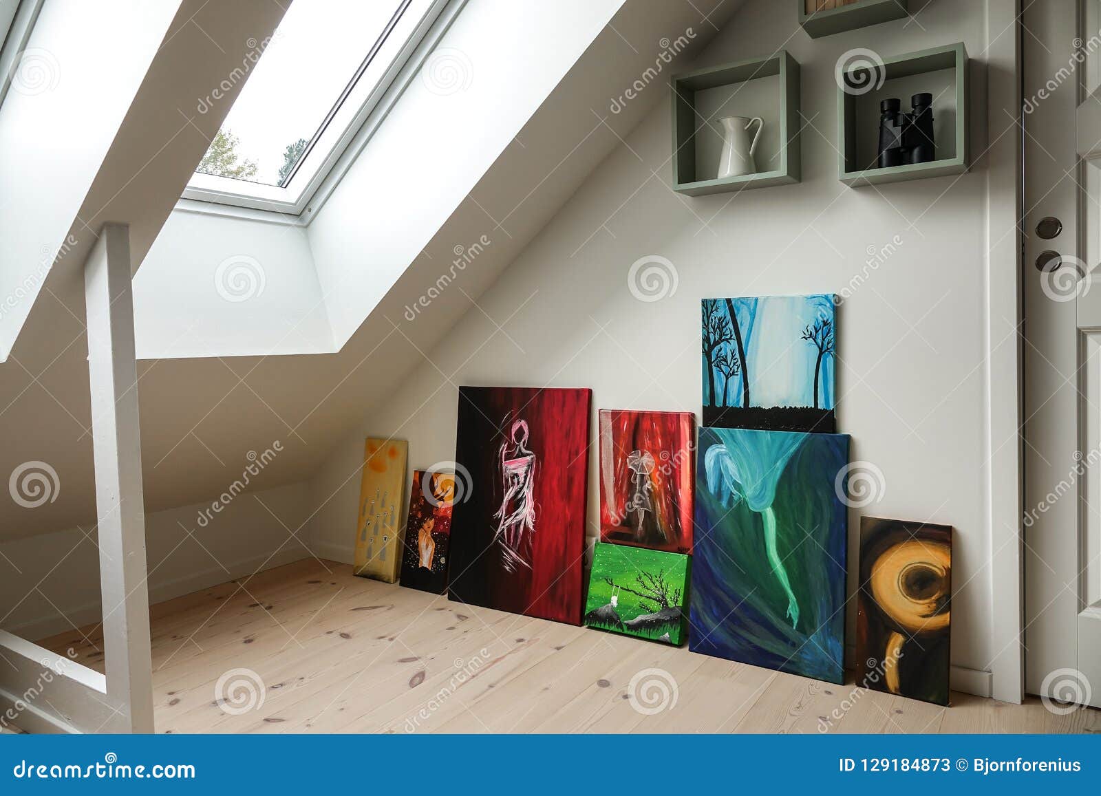 Modern Attic Roof With Solar Panels, Skylights And Blinds Window For ...