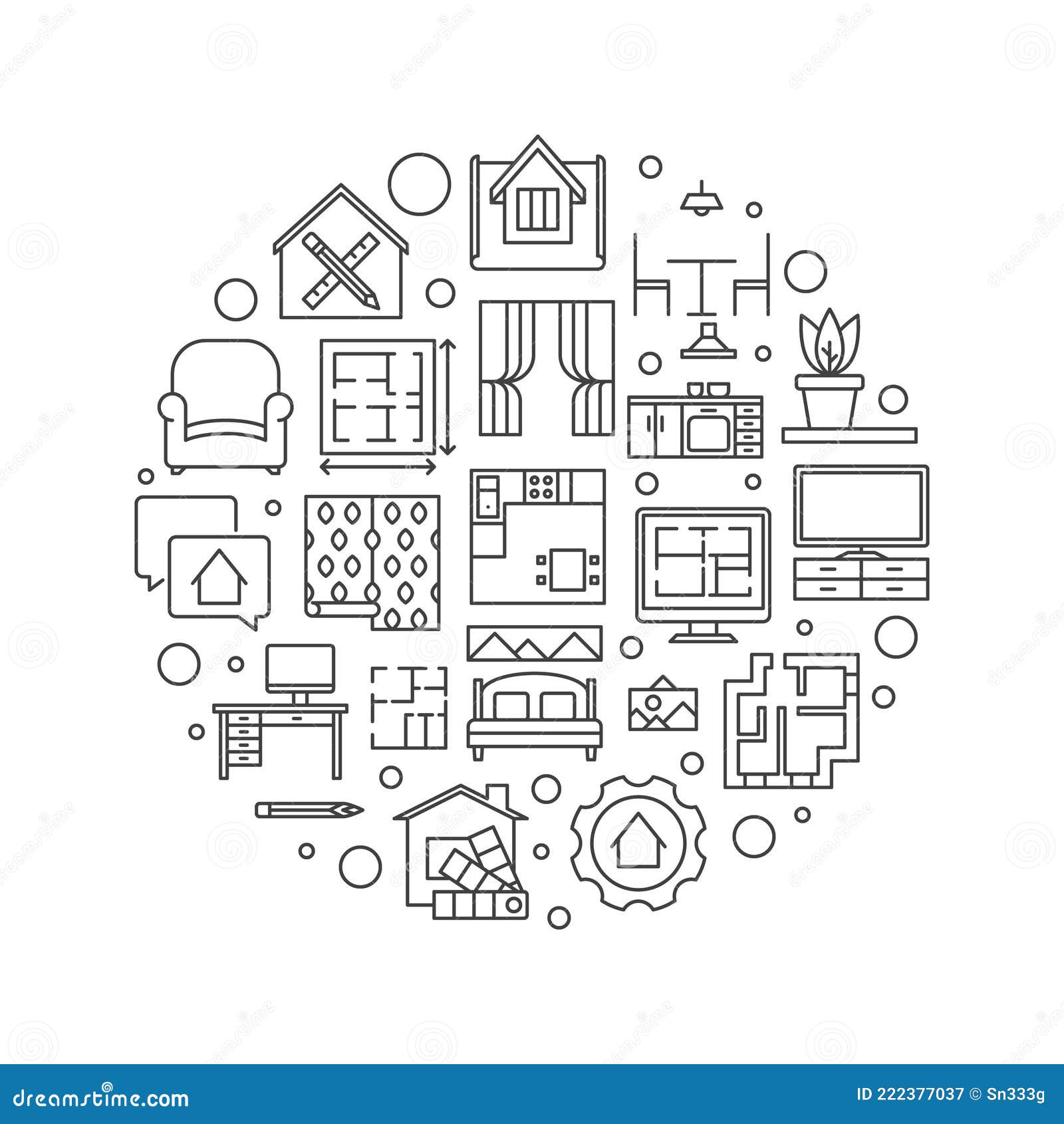 Home Interior Design Vector Round Outline Illustration Stock Vector ...