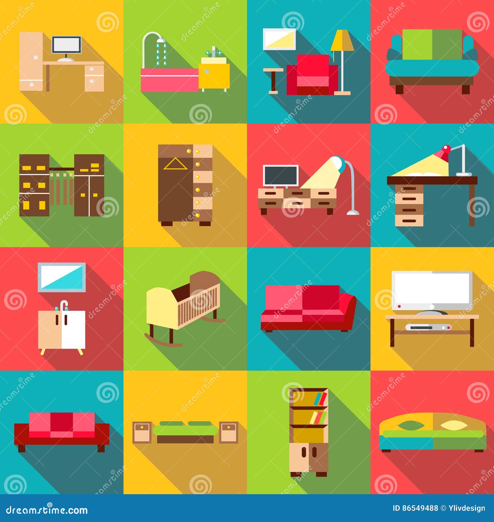 Home Interior Icons Set, Flat Style Stock Vector - Illustration of ...