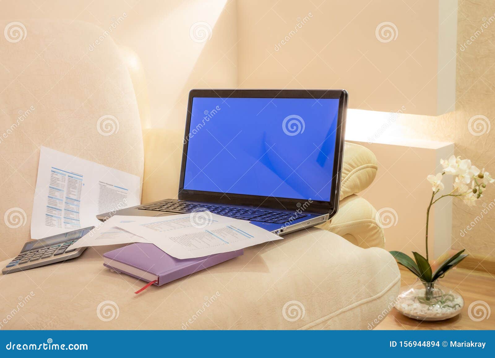 Home Interior with a Laptop Computer in Living Room. Freelance Concept ...