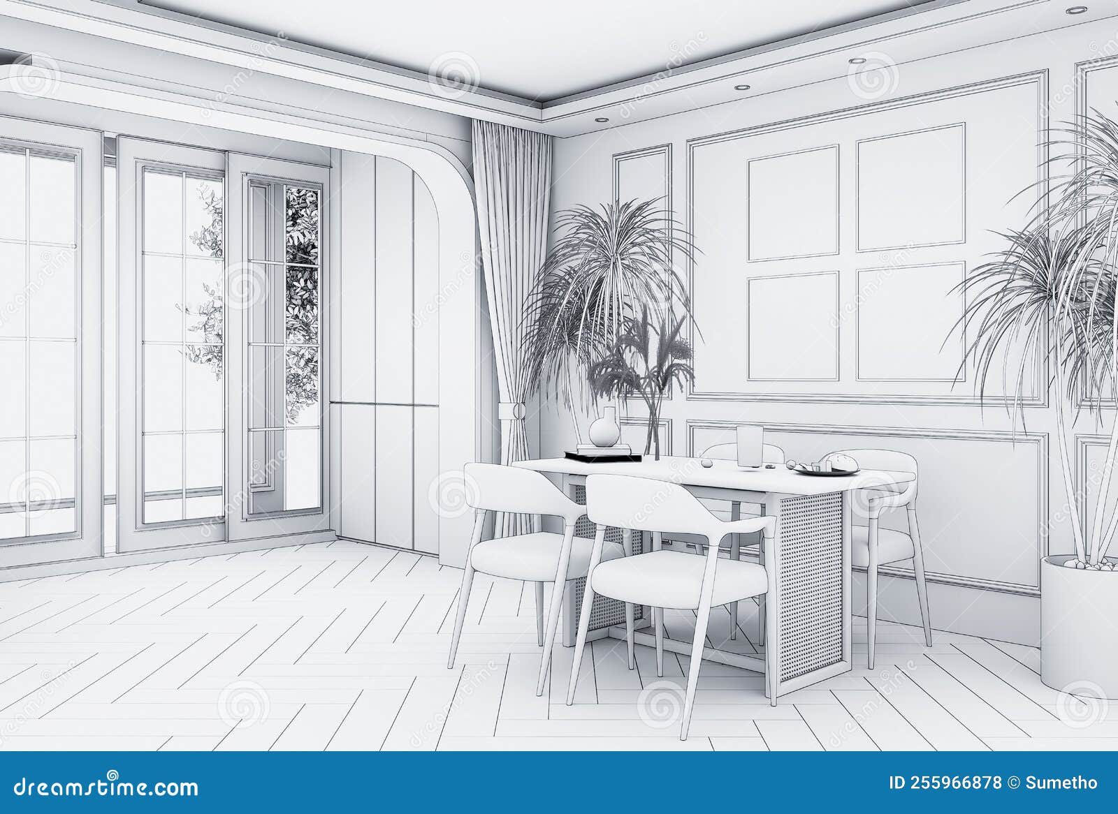 Home Interior Rendering with Dining Room Outline Style Stock ...