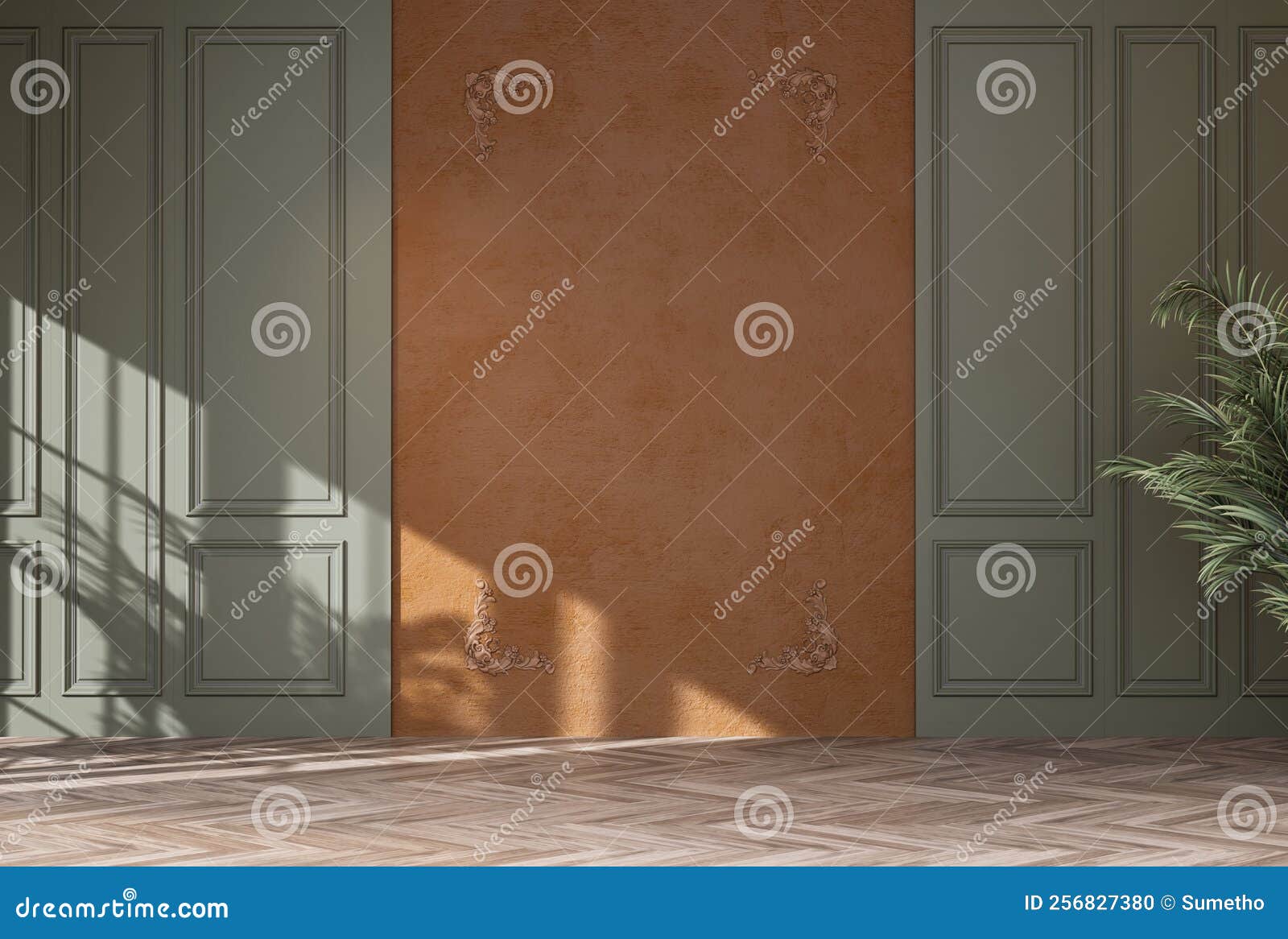 Home Interior Rendering with Empty Room Color Wall and Decorated Stock ...