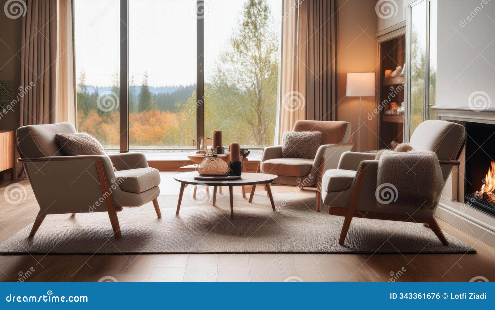 Home Interior With Sofa And Armchairs, Coffee Table And Fireplace Near ...