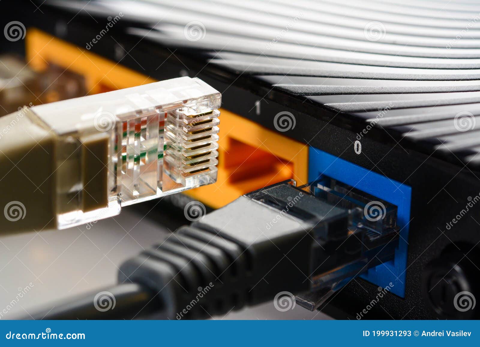 Home Internet Router with Three Cables with the Rj-45 Connectors ...