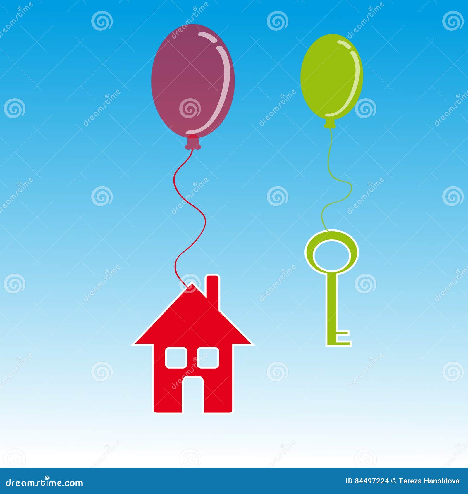Home and Key with Balloon on Blue Background Stock Vector ...