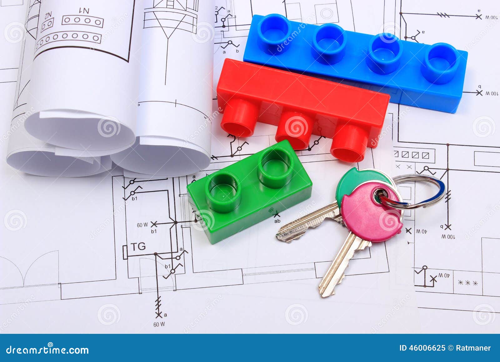 Home Keys, Building Blocks and Electrical Diagrams on Drawing of House ...