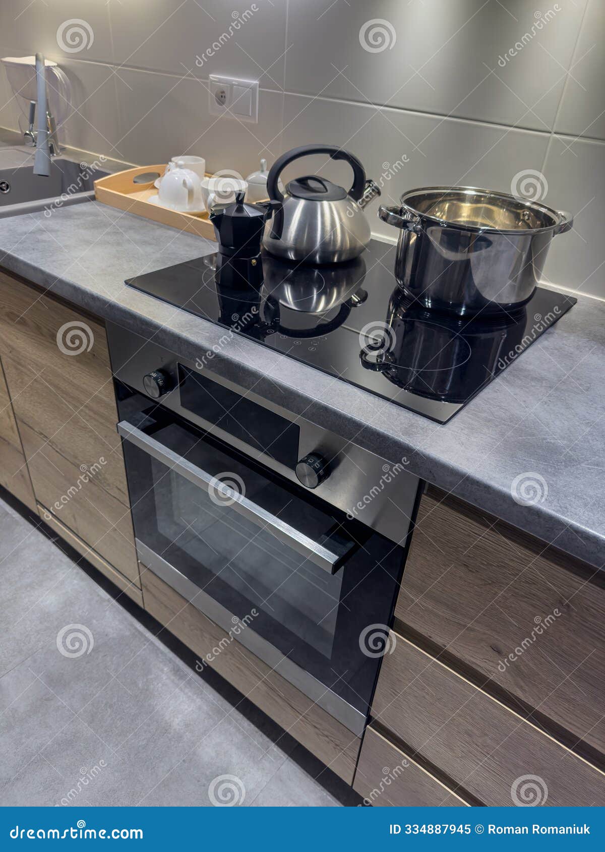 Home Kitchen Interior with Modern Kitchenware and Sink with Stove Stock ...