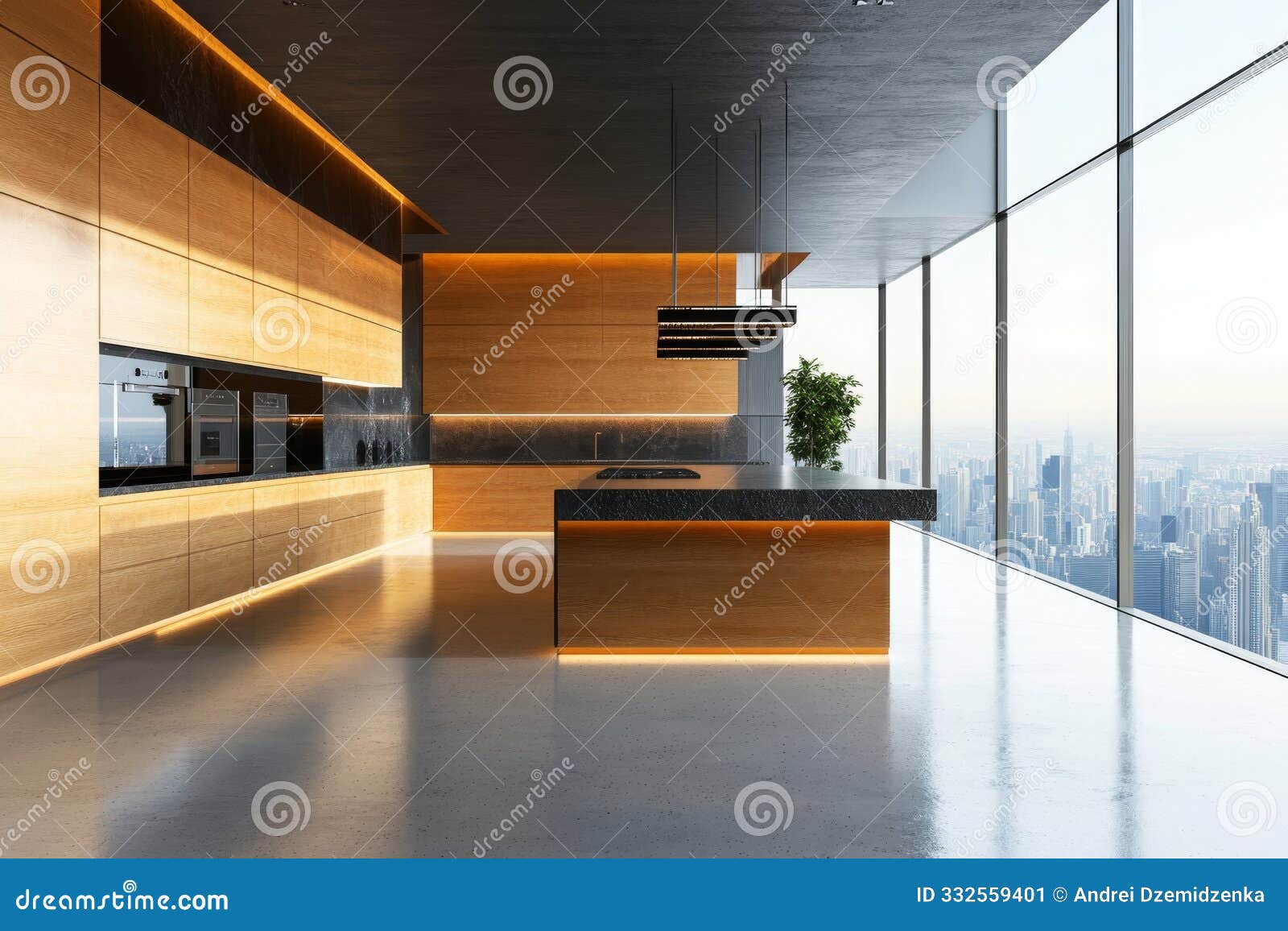 Home Kitchen Interior with Bar Counter, Cabinet, and Panoramic Window ...
