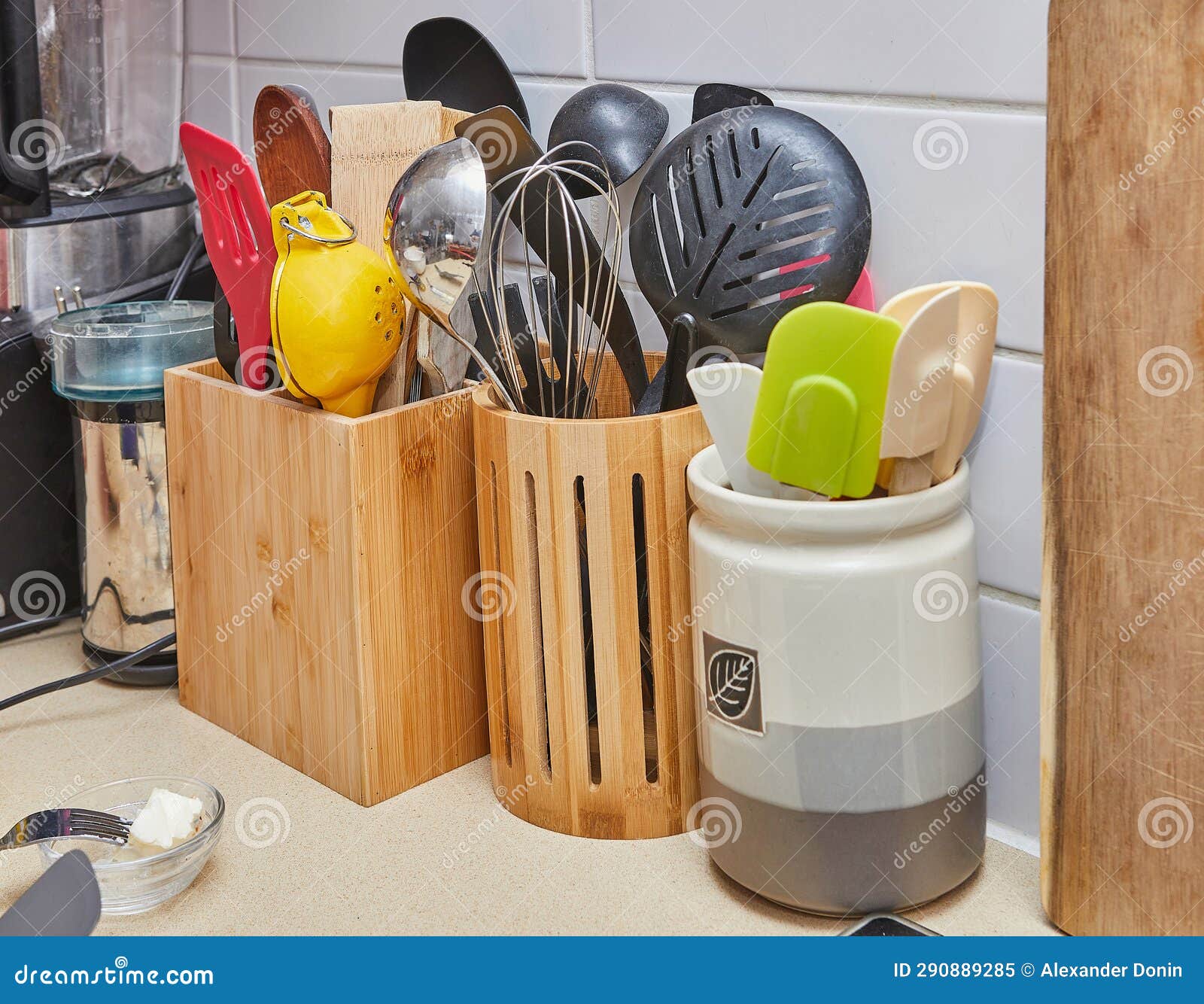 Home Kitchen with Wooden and Ceramic Stands for Storing Various Kitchen ...