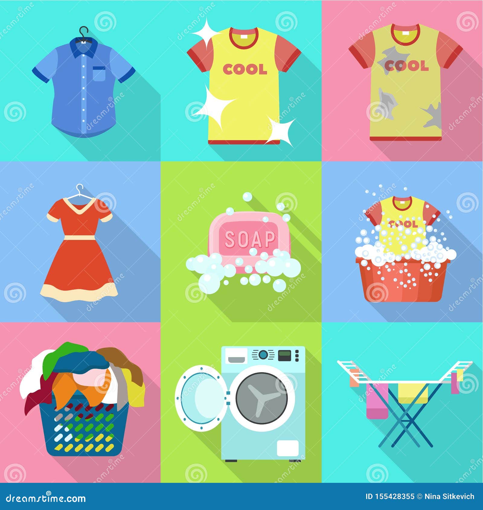 Home Laundry Icon Set, Flat Style Stock Vector - Illustration of hand ...